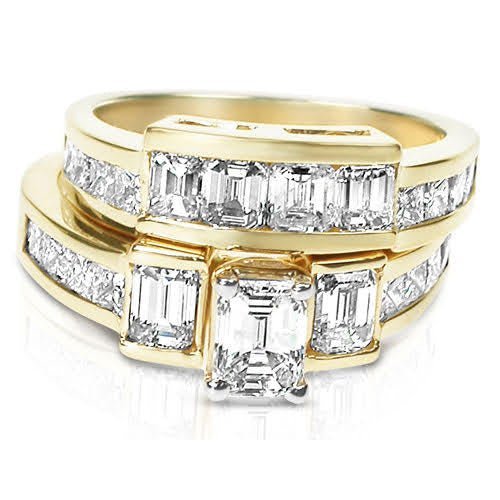 Elegant 4.20CT Emerald and Princess Cut Diamond Bridal Set in 14KT Yel ...