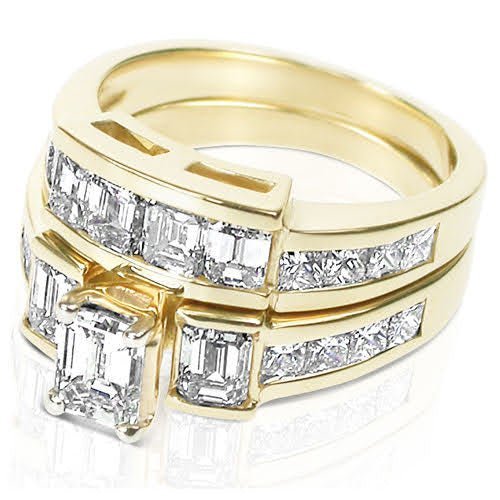 Elegant 4.20CT Emerald and Princess Cut Diamond Bridal Set in 14KT Yel ...